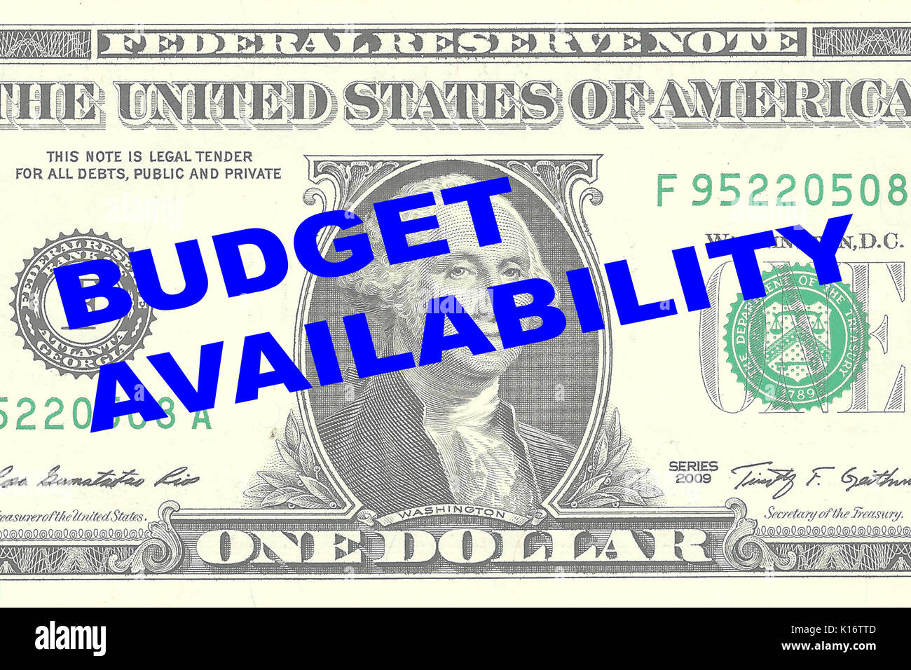 Render illustration of "BUDGET AVAILABILITY" title on One Dollar bill ...