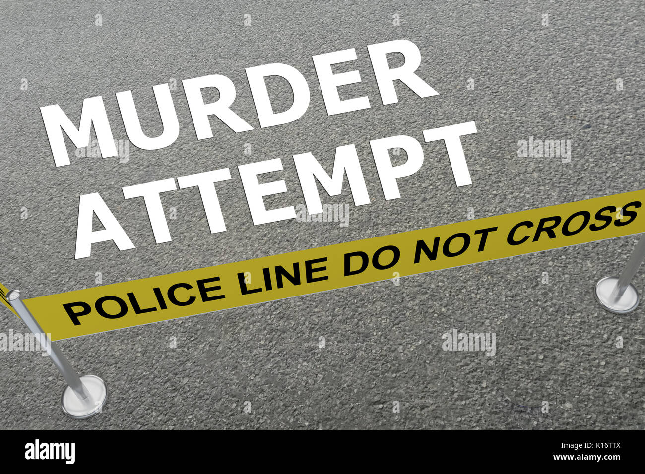 3D illustration of "MURDER ATTEMPT" title on the ground in a police ...