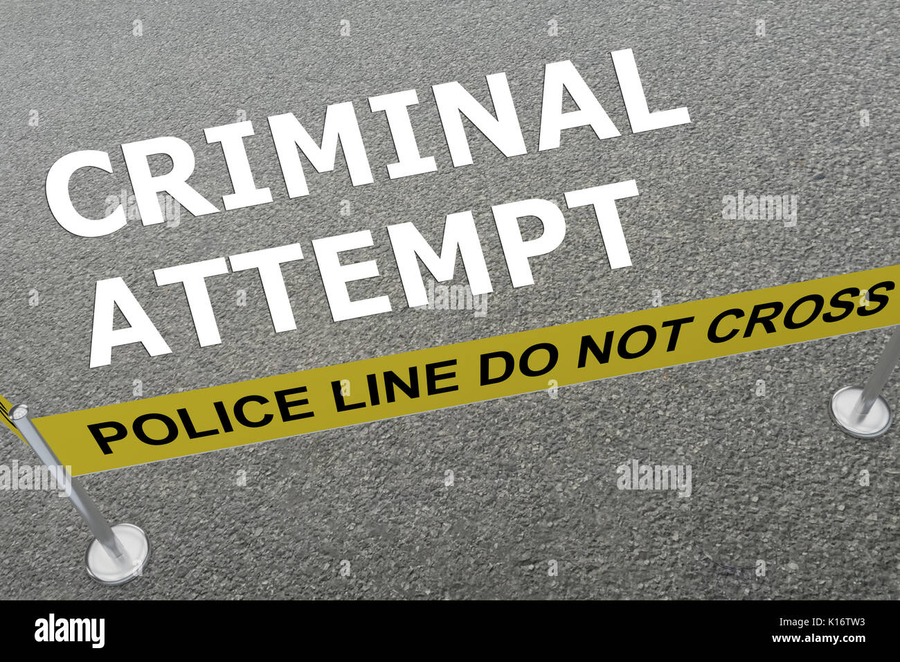 3D illustration of "CRIMINAL ATTEMPT" title on the ground in a police ...