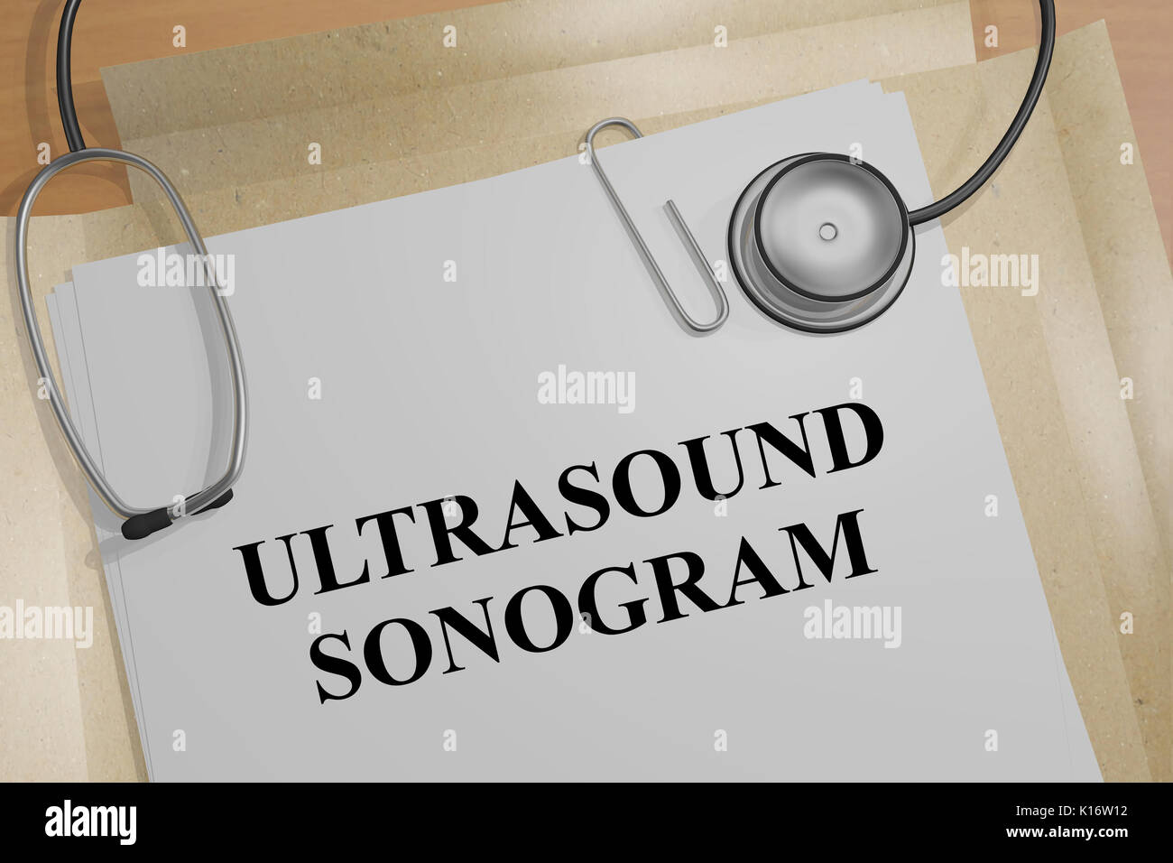 3D illustration of "ULTRASOUND SONOGRAM" title on a medical document ...