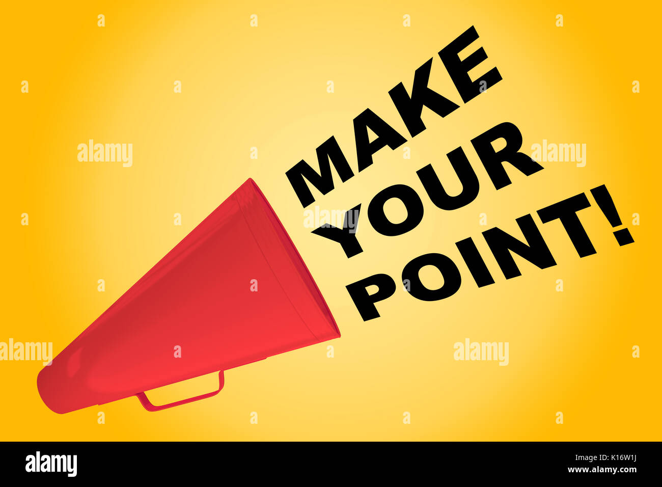 3D illustration of "MAKE YOUR POINT!" title flowing from a loudspeaker ...