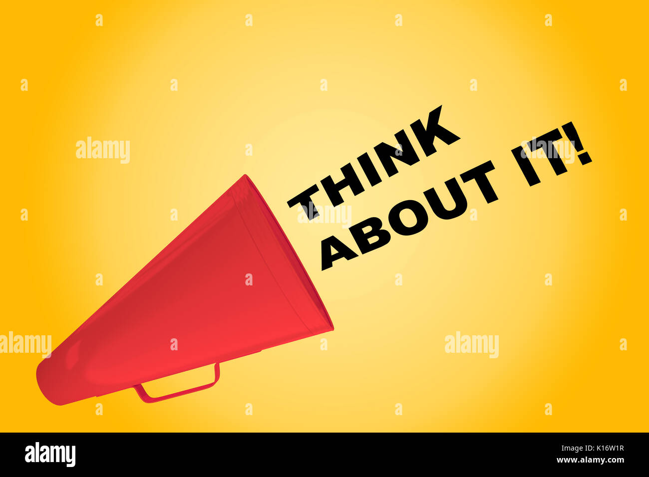 3D illustration of "THINK ABOUT IT!" title flowing from a loudspeaker ...