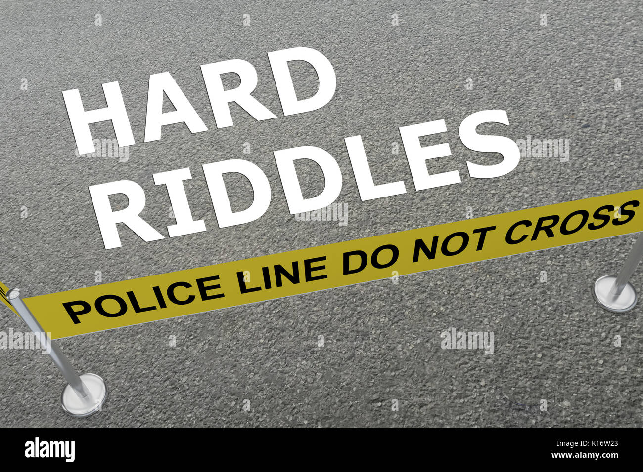 3D illustration of "HARD RIDDLES" title on the ground in a police arena ...