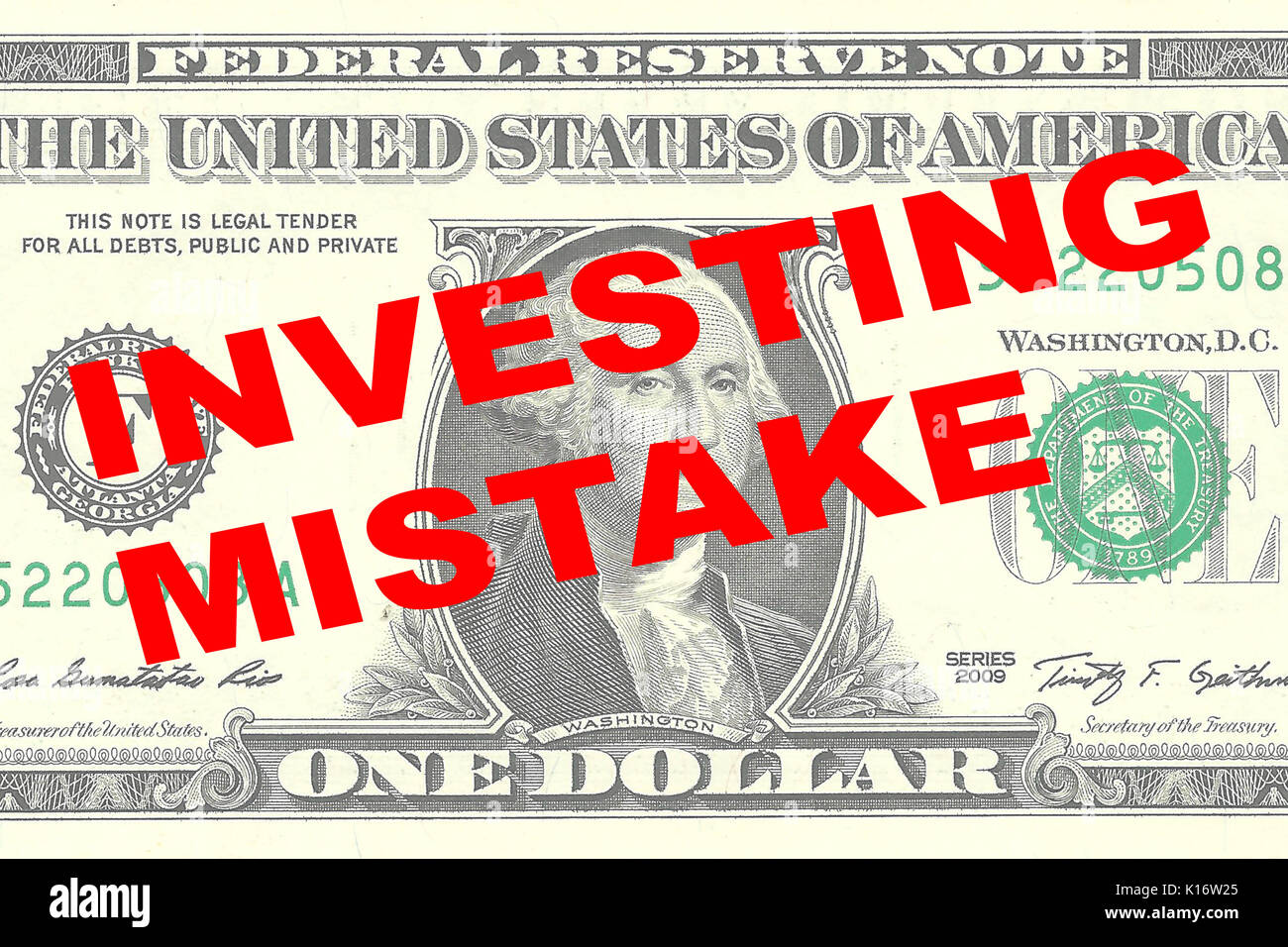 Render illustration of "INVESTING MISTAKE" title on One Dollar bill as ...