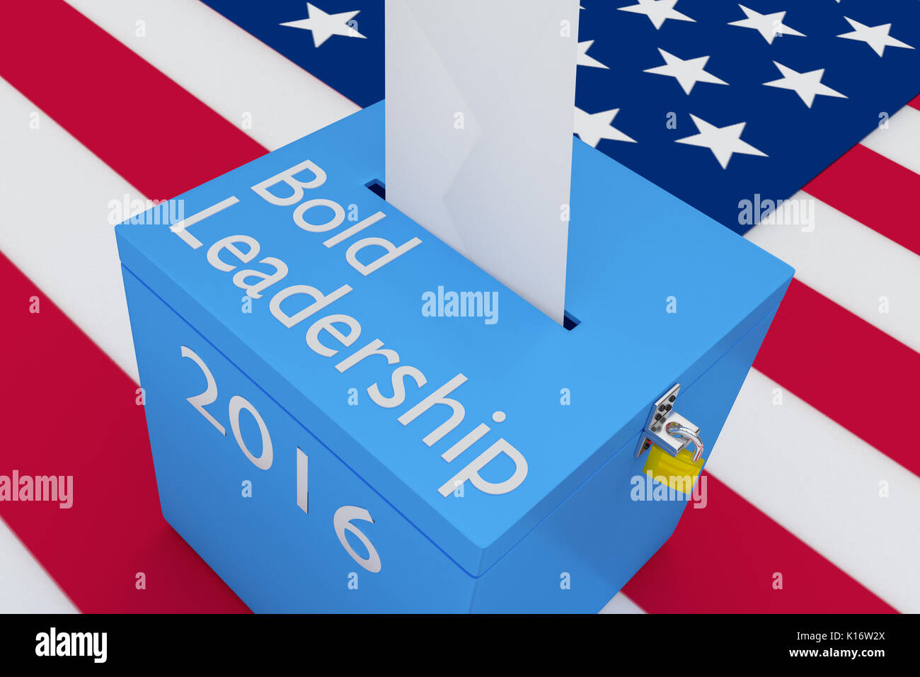 3D illustration of "Bold Leadership", "2016" scripts and on ballot box ...