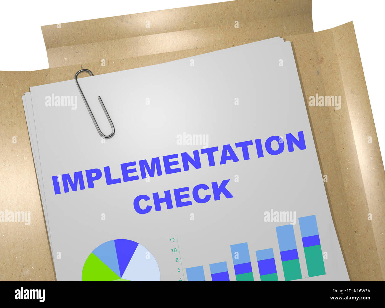3D illustration of "IMPLEMENTATION CHECK" title on business document ...