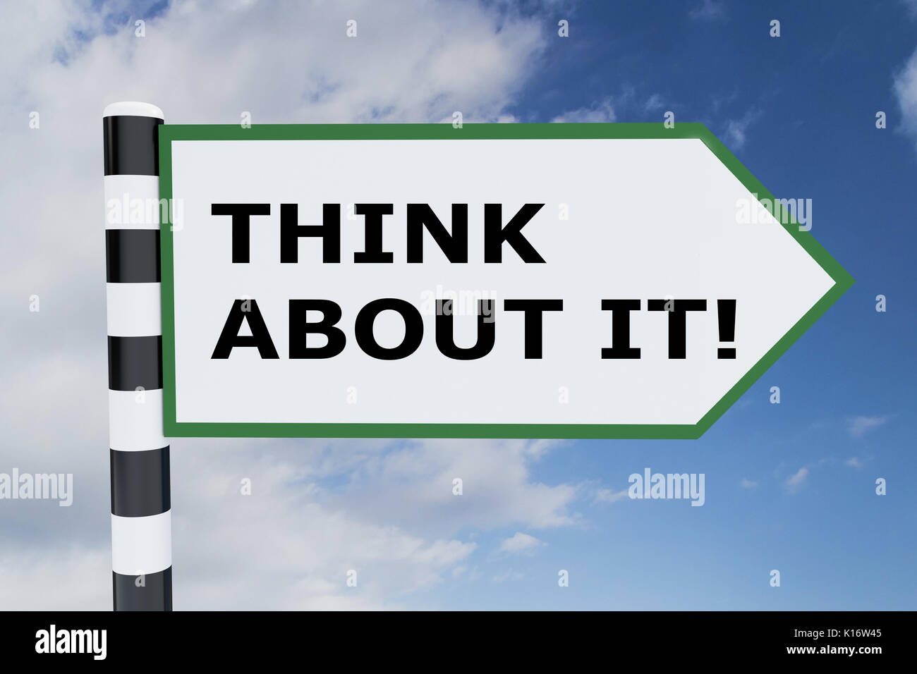 3D illustration of "THINK ABOUT IT!" script on road sign Stock Photo ...