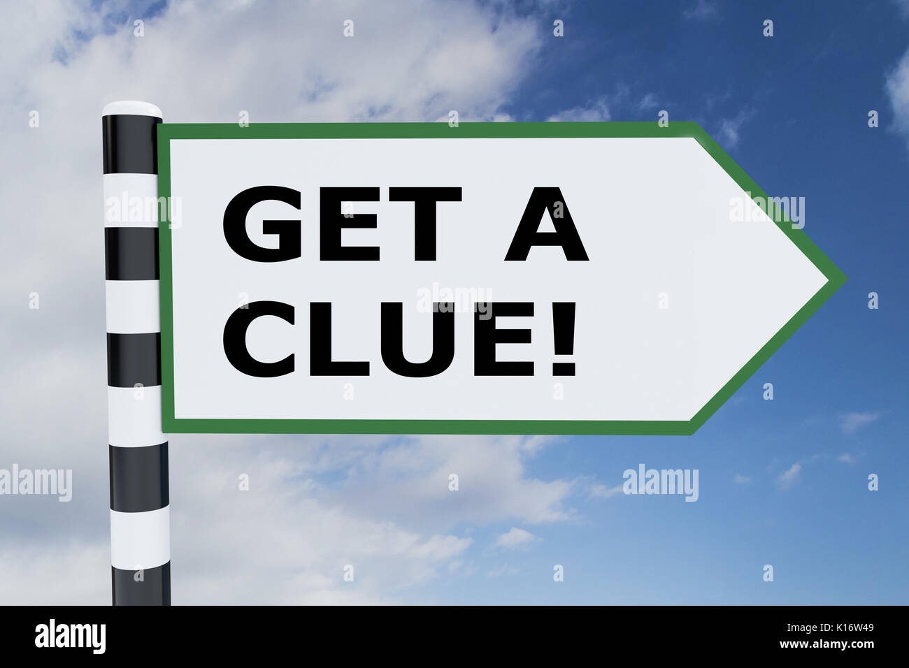3D illustration of "GET A CLUE!" script on road sign Stock Photo - Alamy