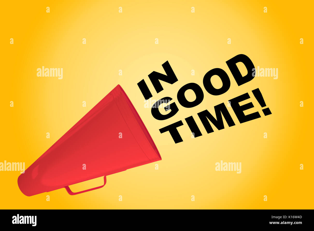 3D illustration of "IN GOOD TIME!" title flowing from a loudspeaker ...