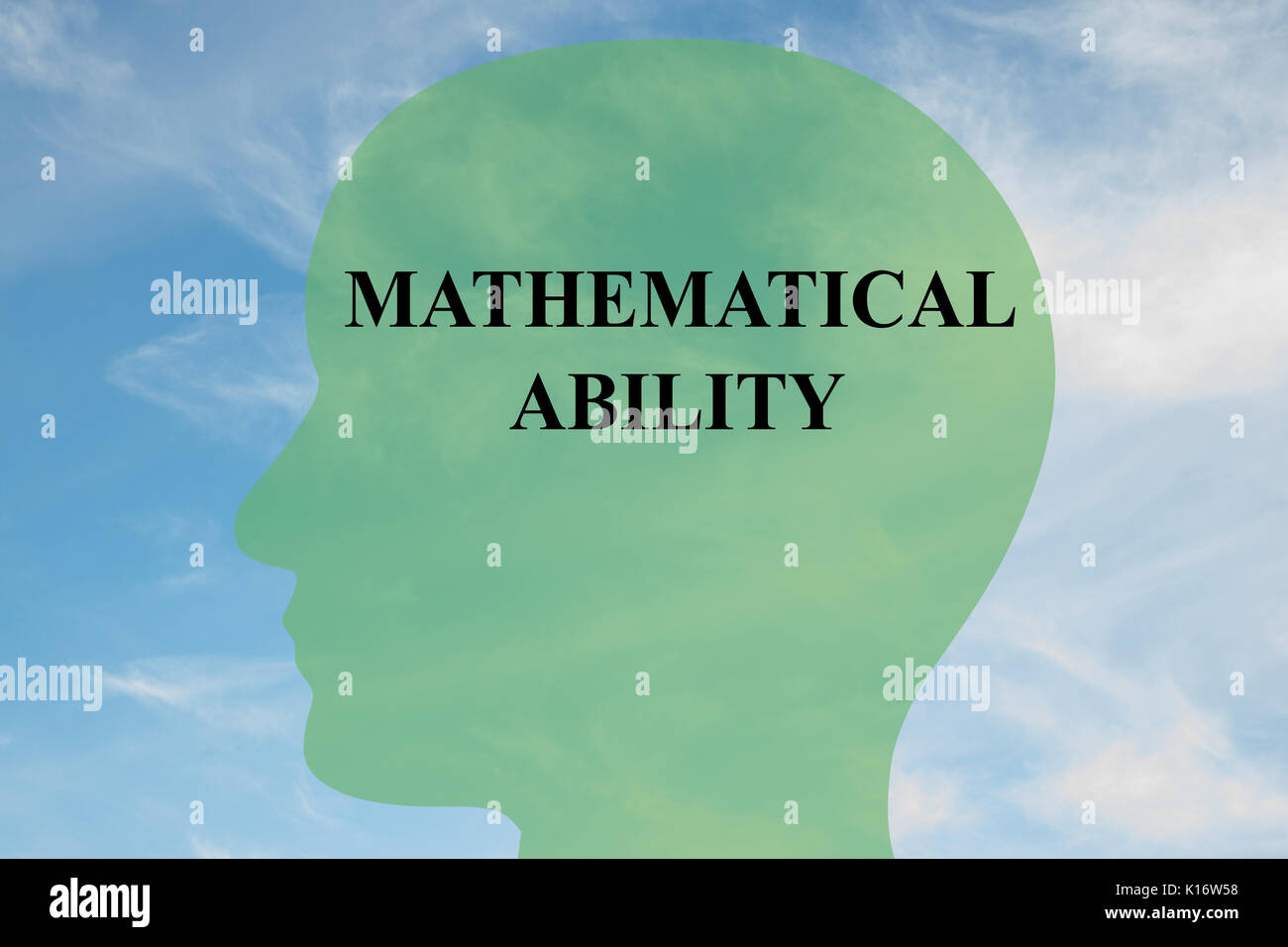 Render illustration of "MATHEMATICAL ABILITY" script on head silhouette ...