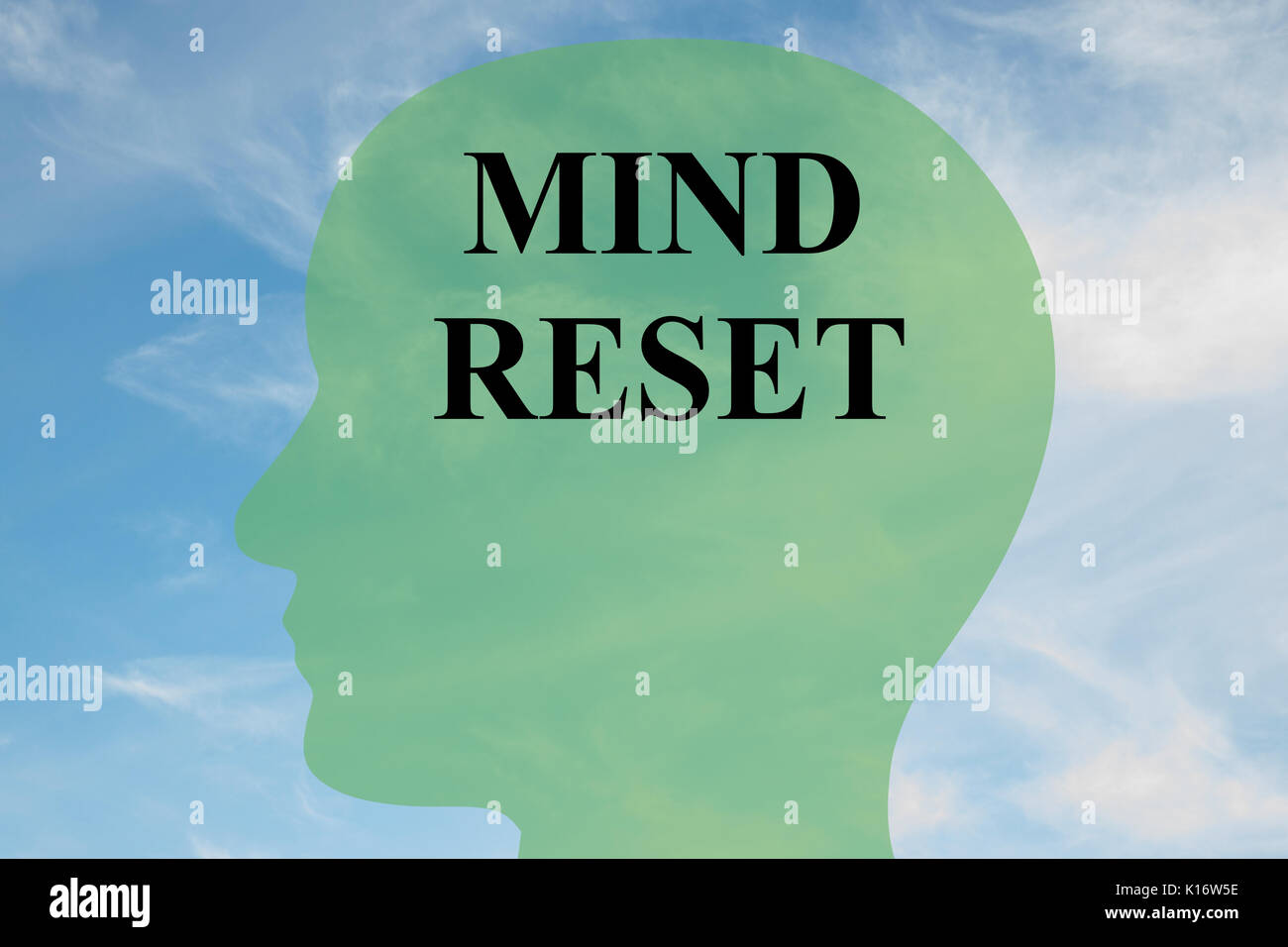 Render illustration of "MIND RESET" script on head silhouette, with ...