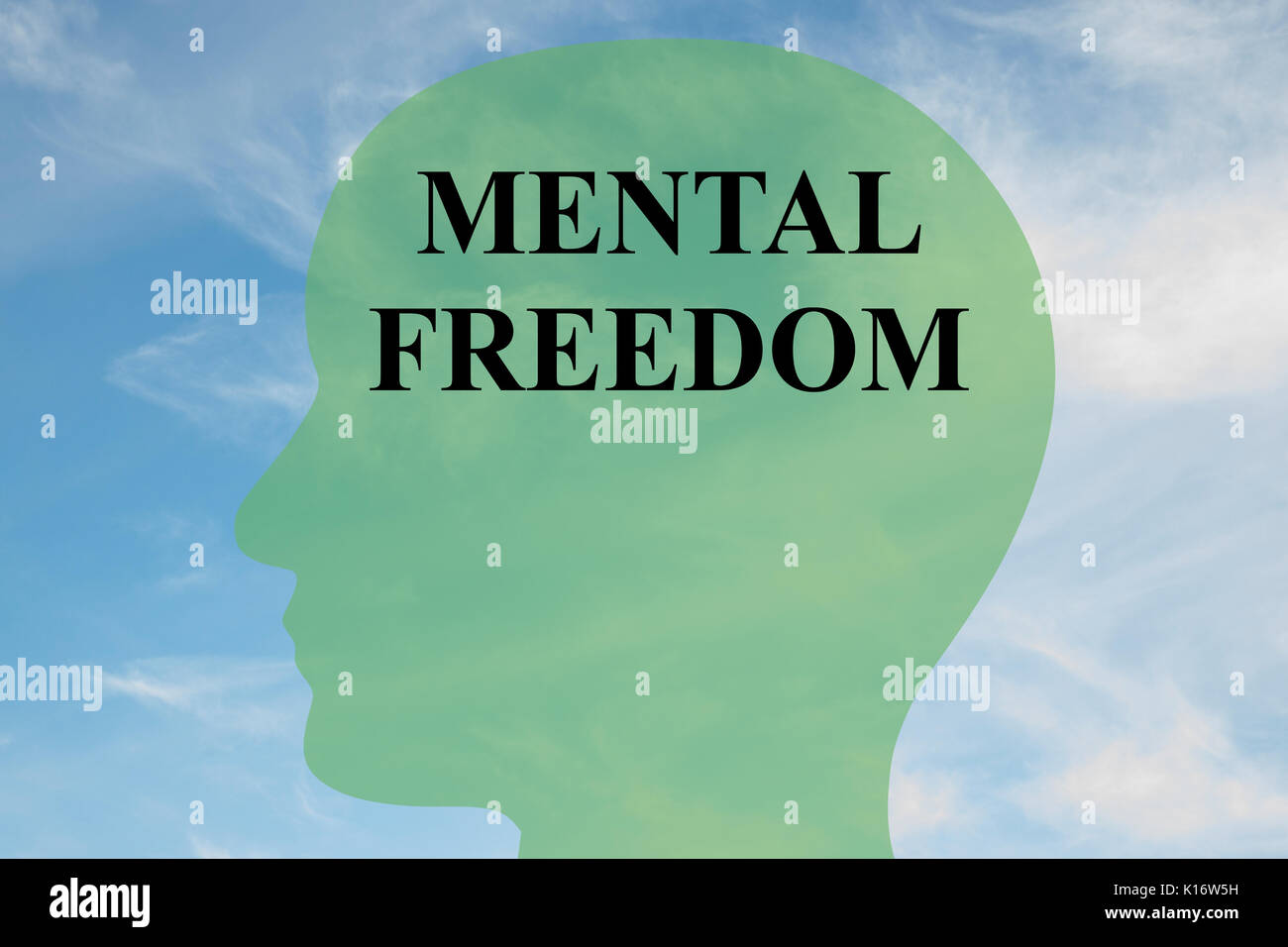 Render illustration of "MENTAL FREEDOM" script on head silhouette, with ...