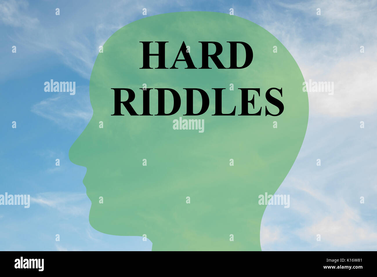 Render illustration of "HARD RIDDLES" script on head silhouette, with ...