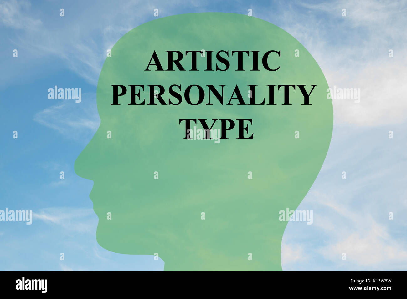 Render illustration of "ARTISTIC PERSONALITY TYPE" script on head ...