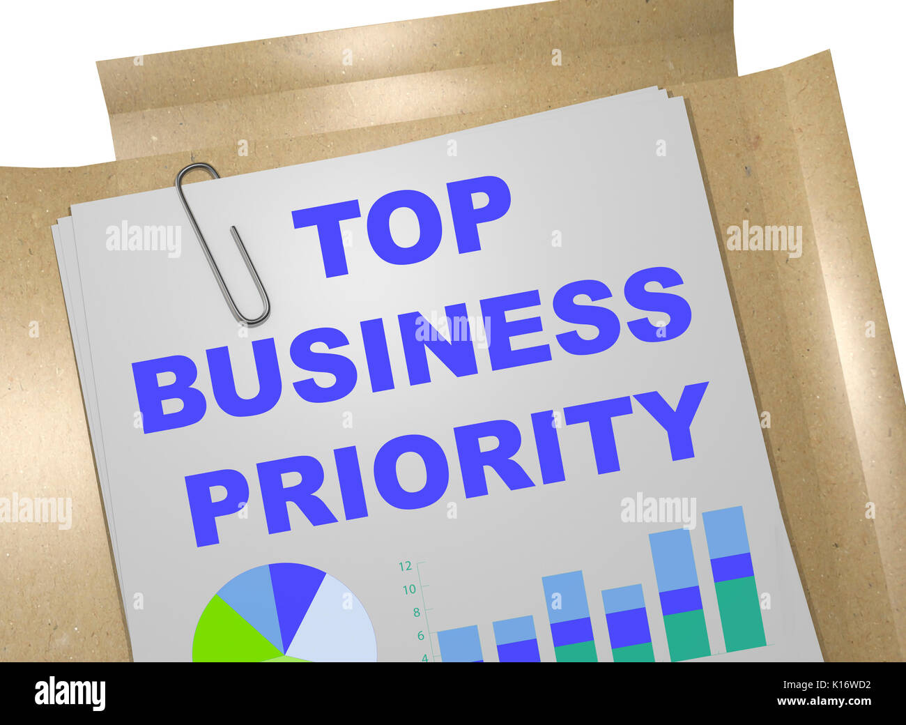3D illustration of "TOP BUSINESS PRIORITY" title on business document ...