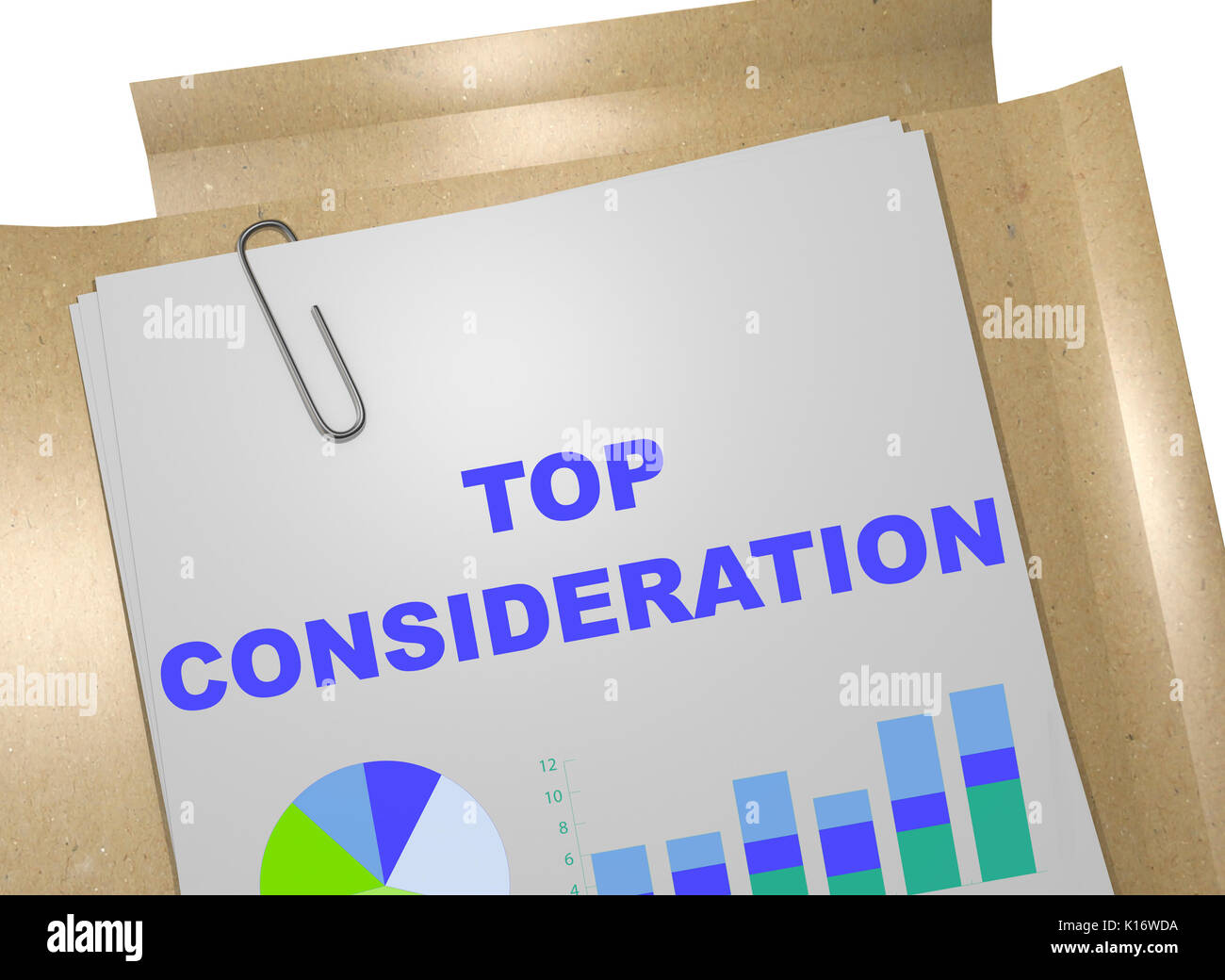 3D illustration of "TOP CONSIDERATION" title on business document Stock ...