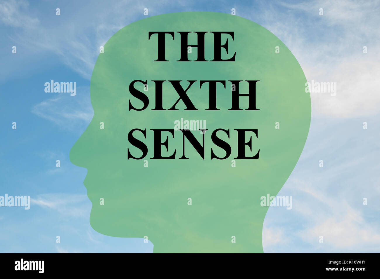 Render illustration of "THE SIXTH SENSE" script on head silhouette ...