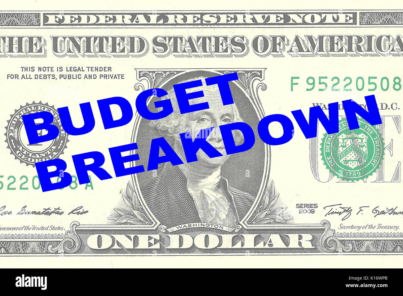 Render illustration of "BUDGET BREAKDOWN" title on One Dollar bill as a ...