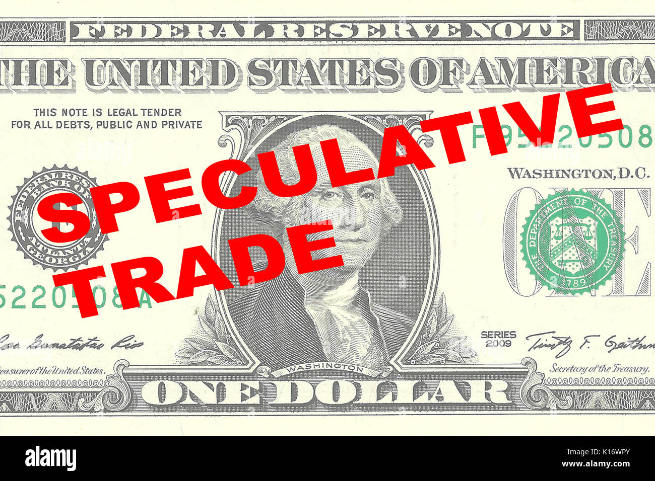 Render illustration of "SPECULATIVE TRADE" title on One Dollar bill as ...