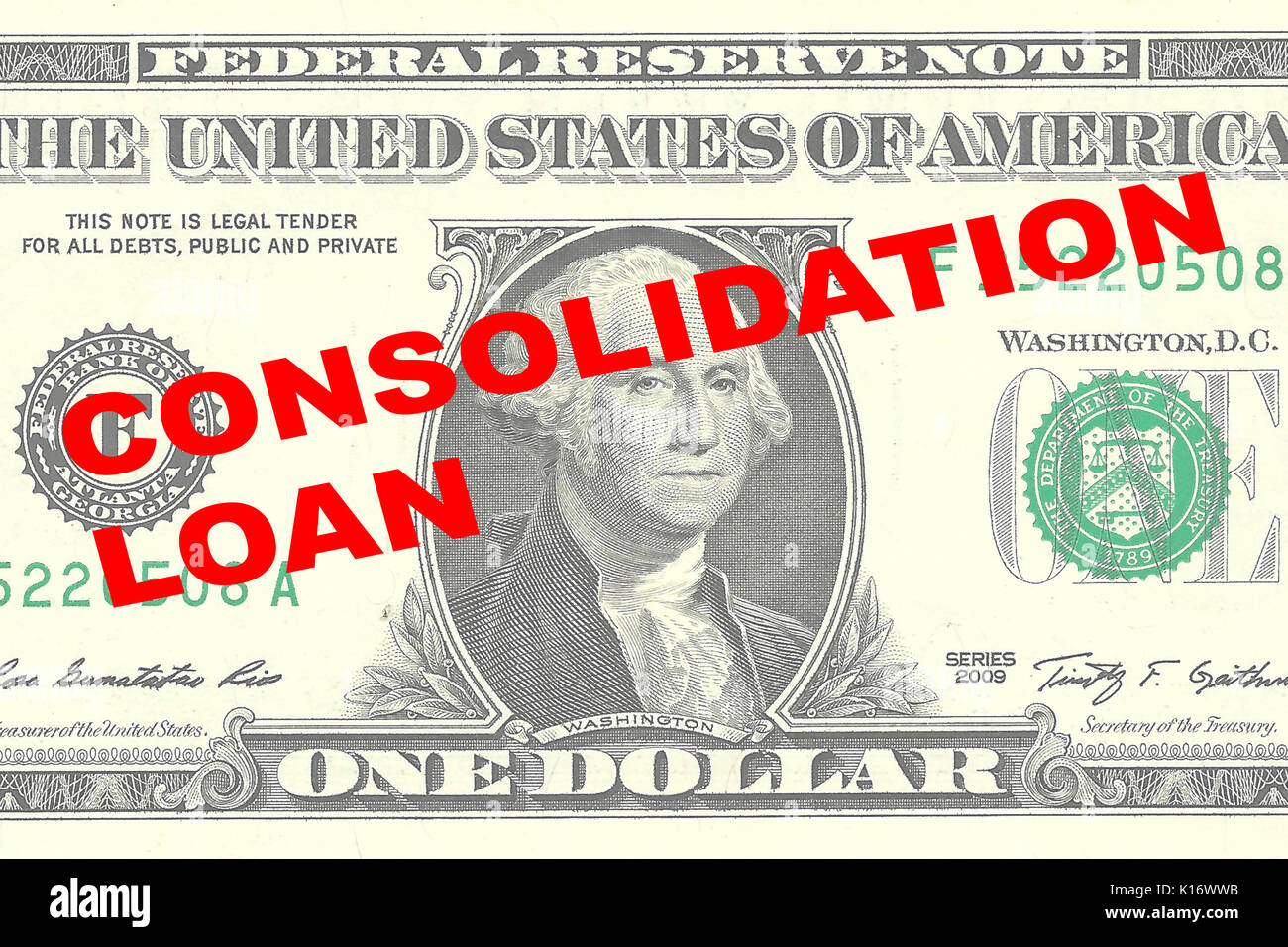 Render illustration of "CONSOLIDATION LOAN" title on One Dollar bill as ...