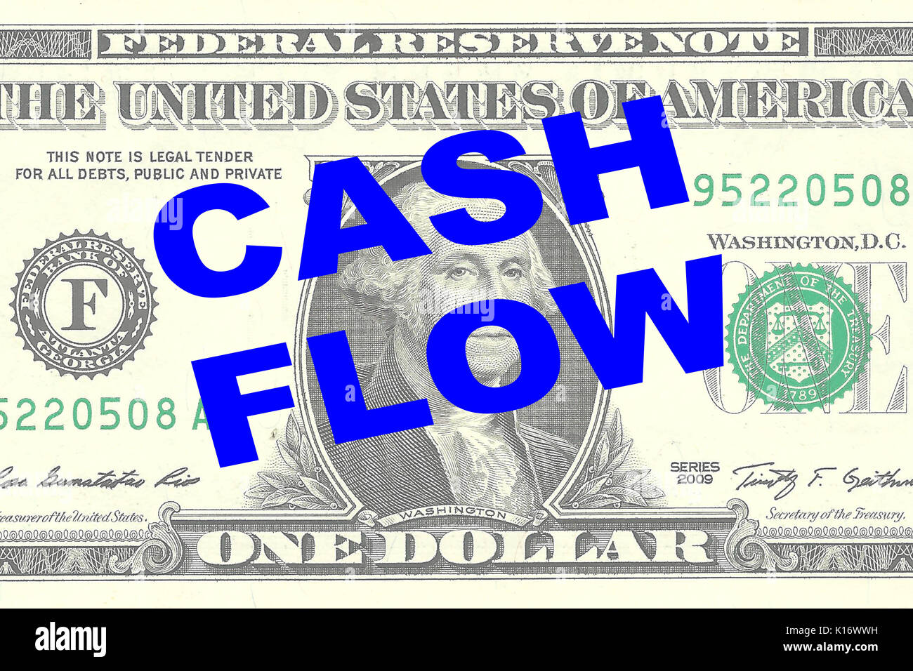 Render illustration of "CASH FLOW" title on One Dollar bill as a ...