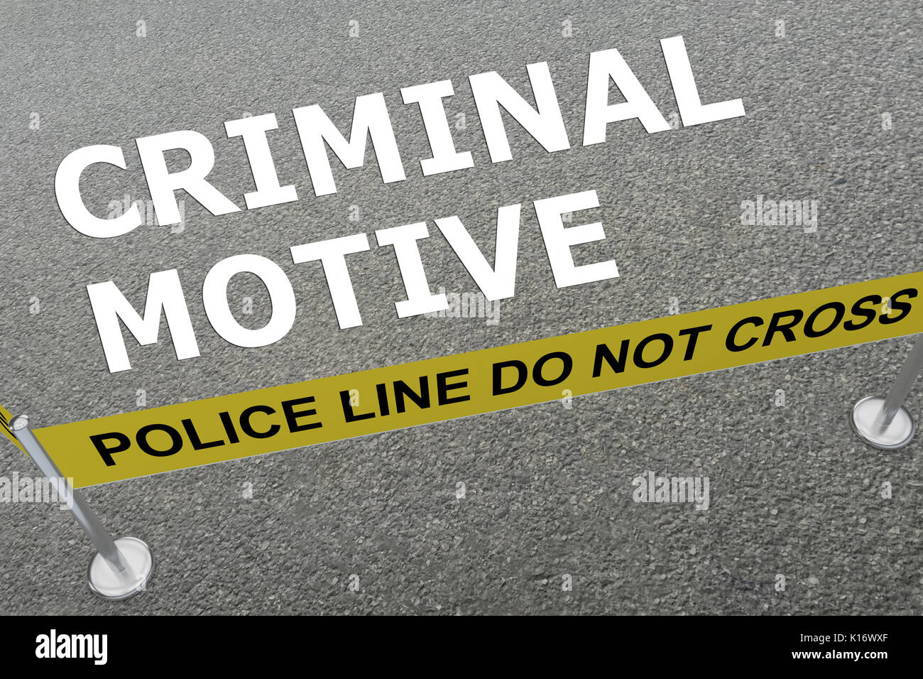 3D illustration of "CRIMINAL MOTIVE" title on the ground in a police ...