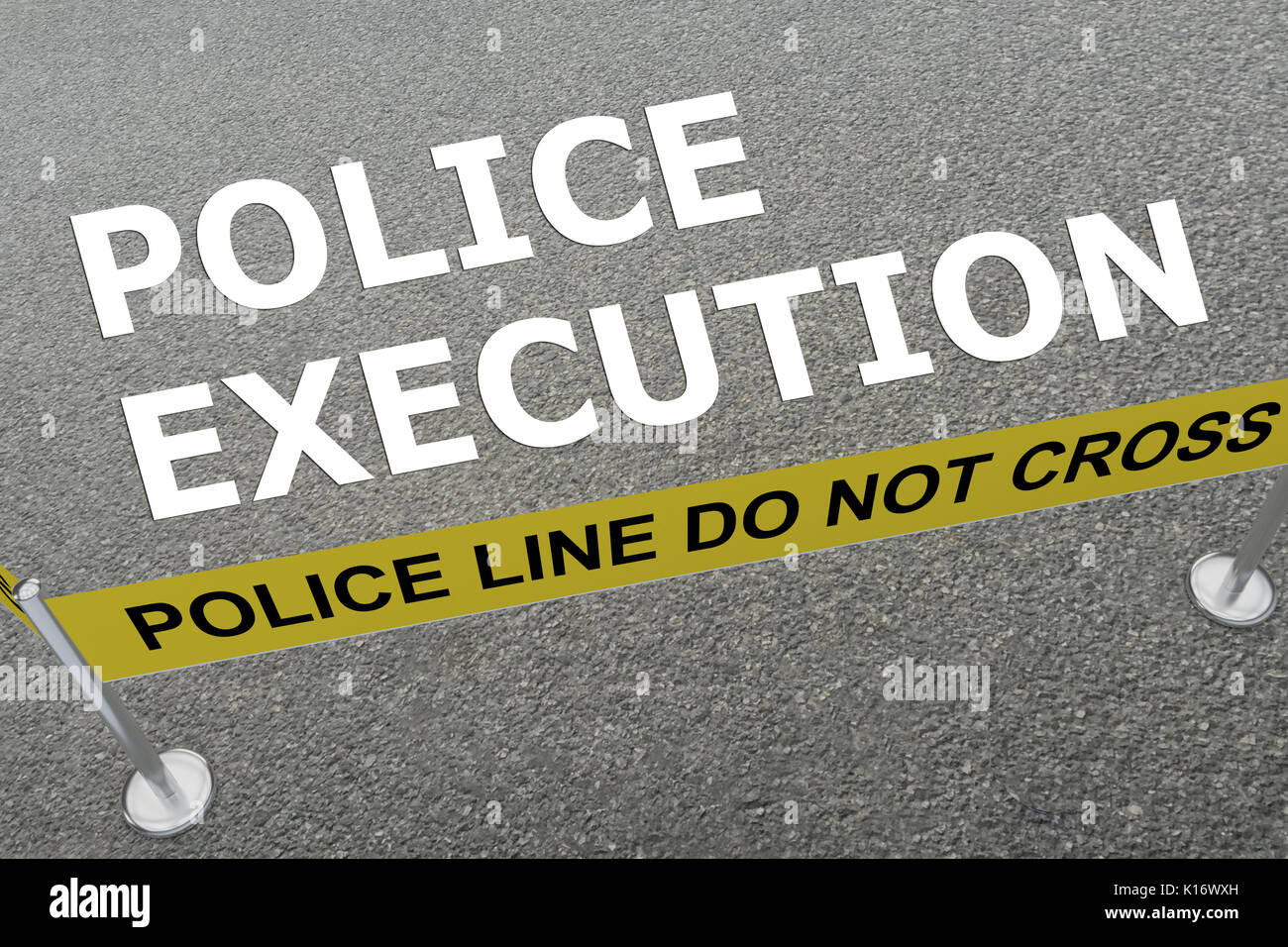 3D illustration of "POLICE EXECUTION" title on the ground in a police ...