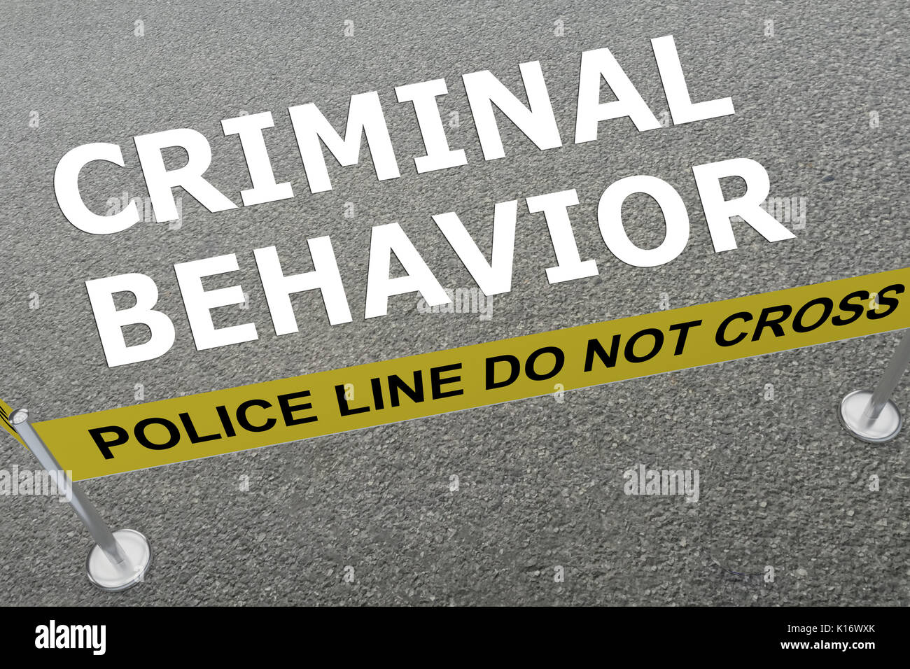 3D illustration of "CRIMINAL BEHAVIOR" title on the ground in a police ...