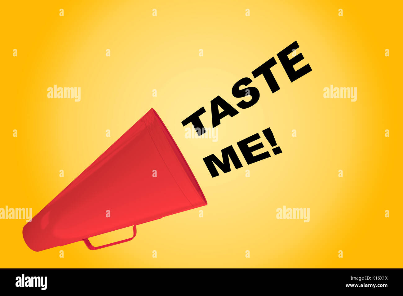 3D illustration of "TASTE ME!" title flowing from a loudspeaker Stock ...