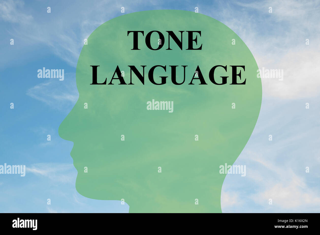 Render illustration of "TONE LANGUAGE" script on head silhouette, with ...