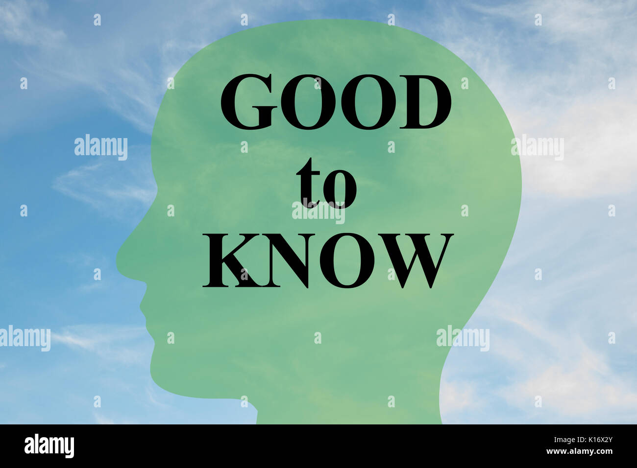 Render illustration of "GOOD to KNOW" script on head silhouette, with ...