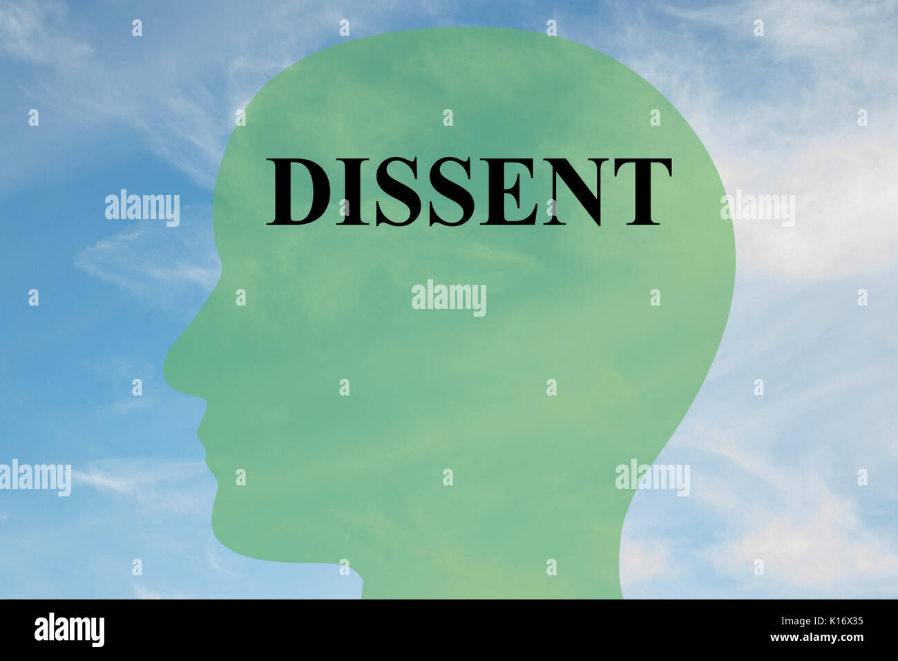 Render illustration of "DISSENT" script on head silhouette, with cloudy ...