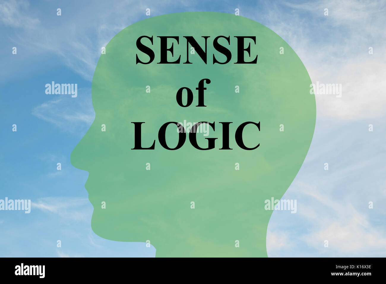 Render illustration of "SENSE of LOGIC" script on head silhouette, with ...