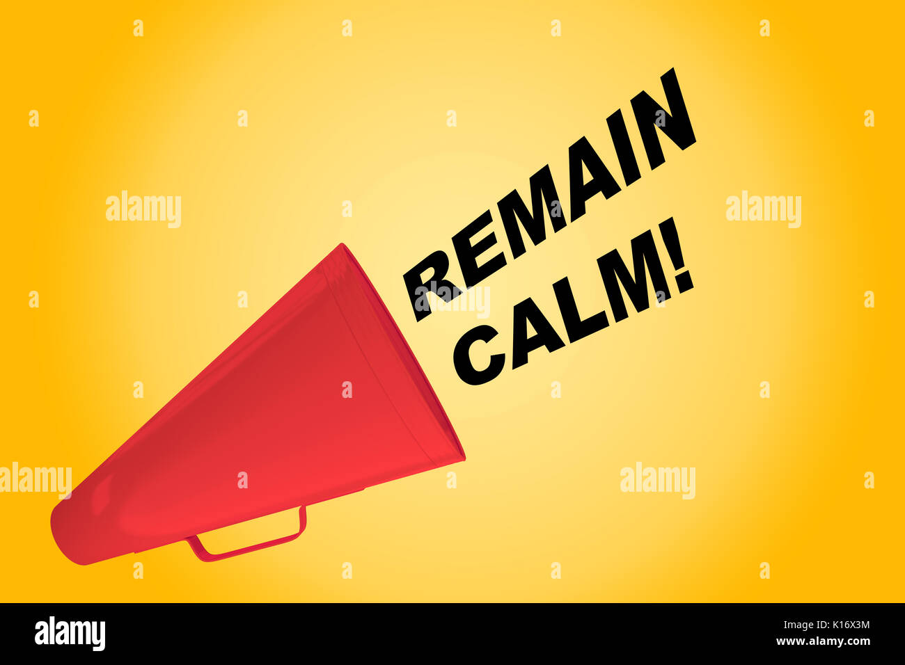 3D illustration of "REMAIN CALM!" title flowing from a loudspeaker ...