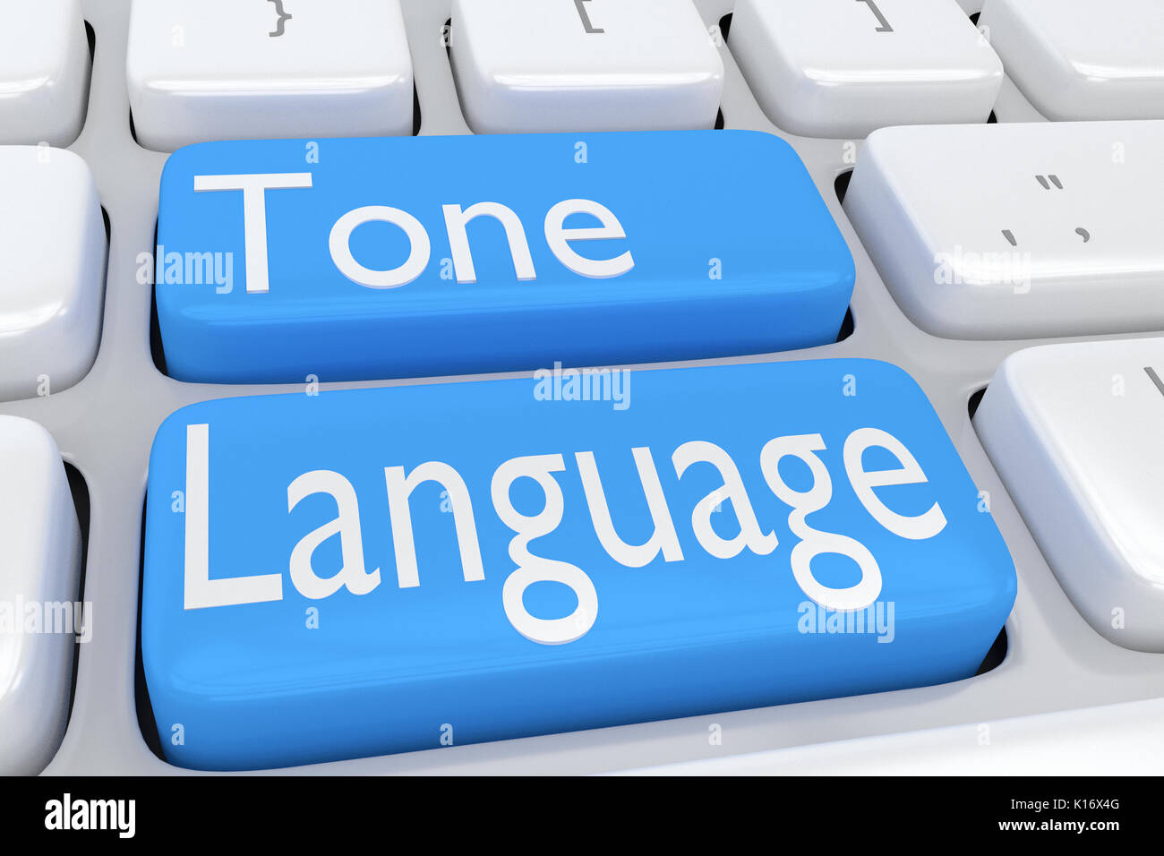3D illustration of computer keyboard with the script "Tone Language" on two adjacent pale blue ...