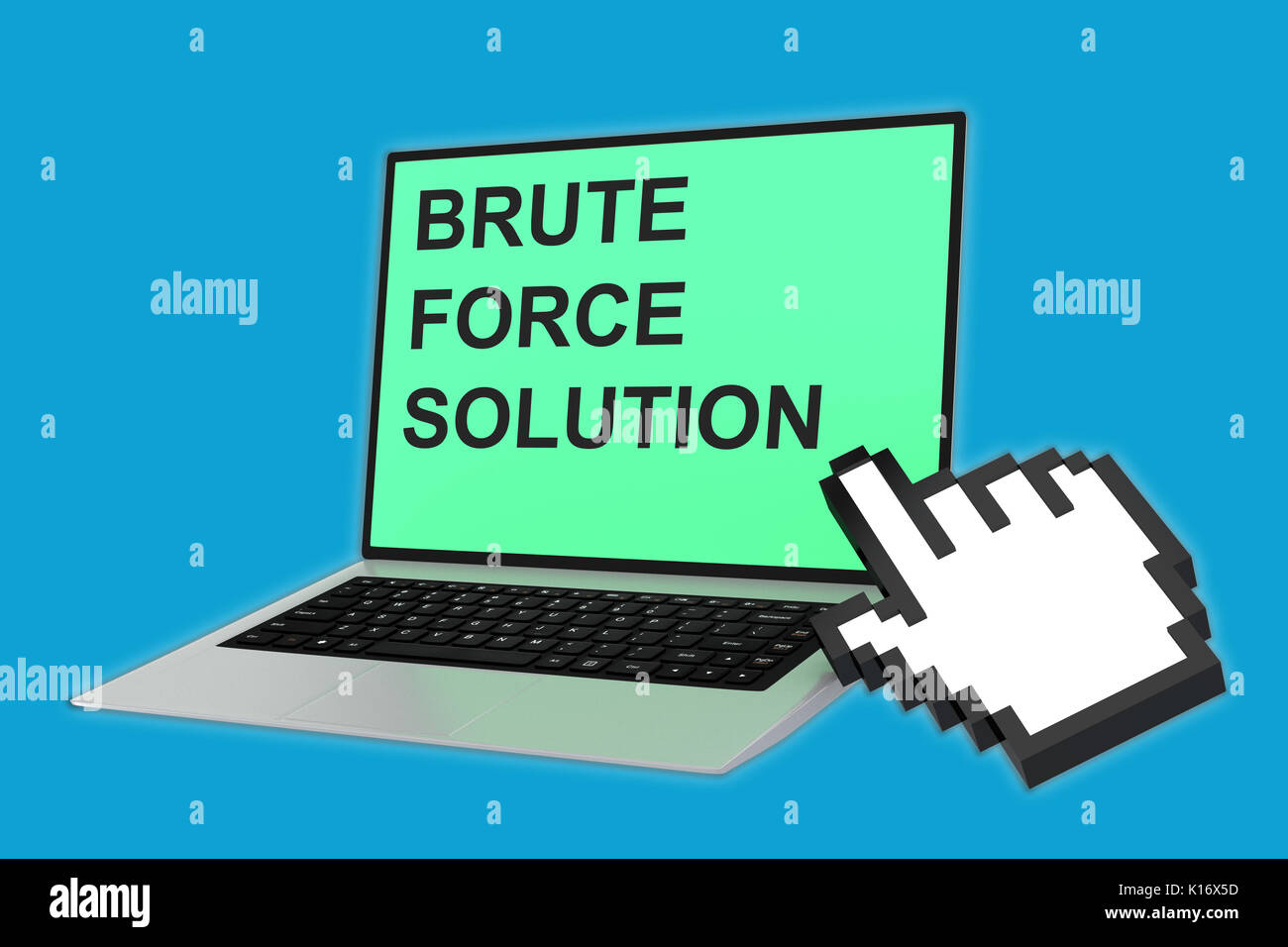 3D illustration of "BRUTE FORCE SOLUTION" script with pointing hand ...
