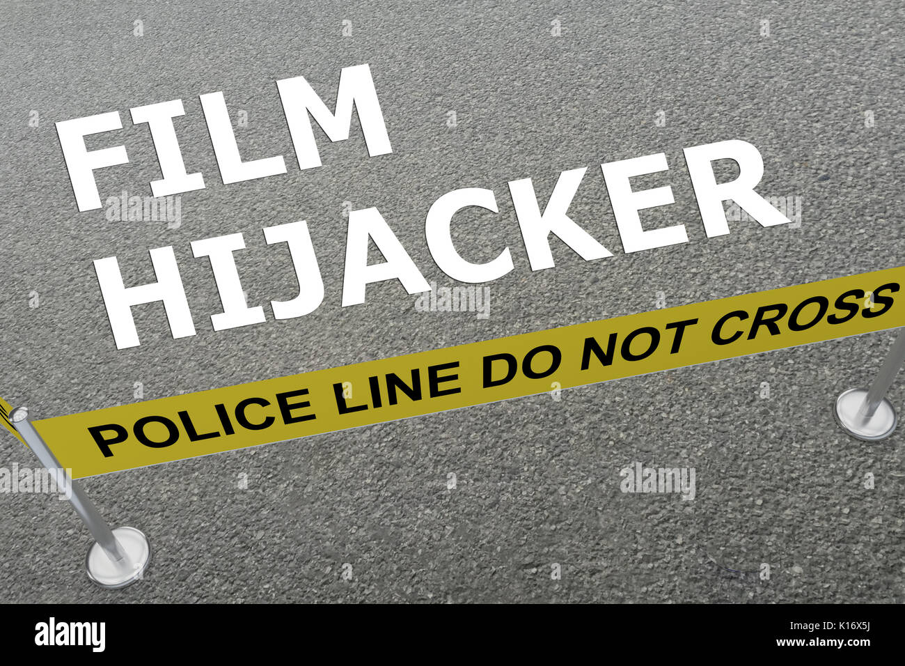 3D illustration of "FILM HIJACKER" title on the ground in a police ...