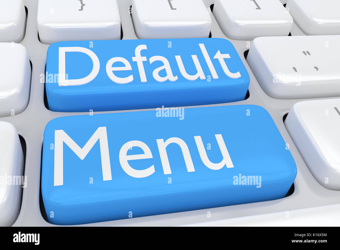 3D illustration of computer keyboard with the script "Default Menu" on two adjacent pale blue ...