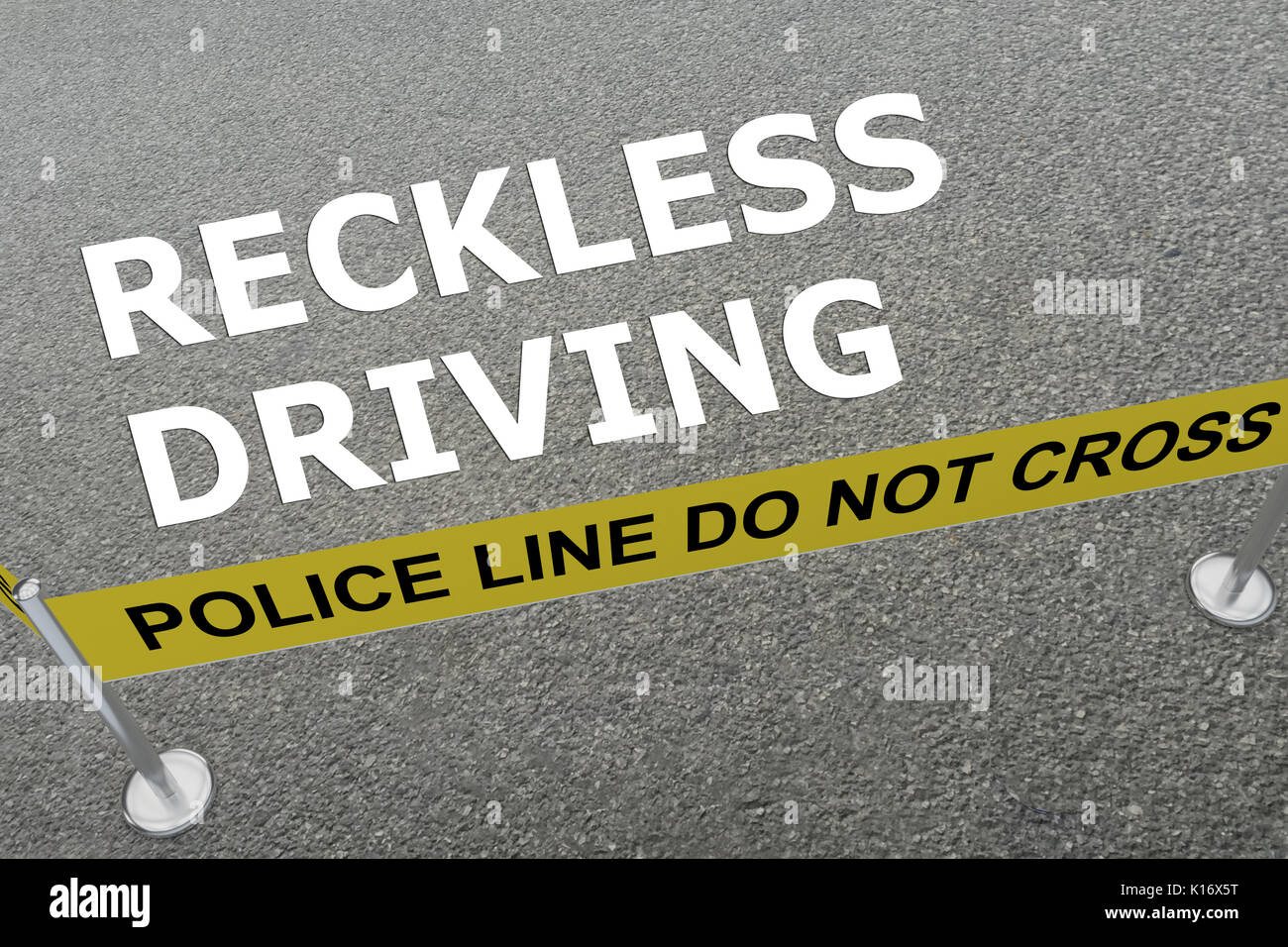 3D illustration of "RECKLESS DRIVING" title on the ground in a police ...