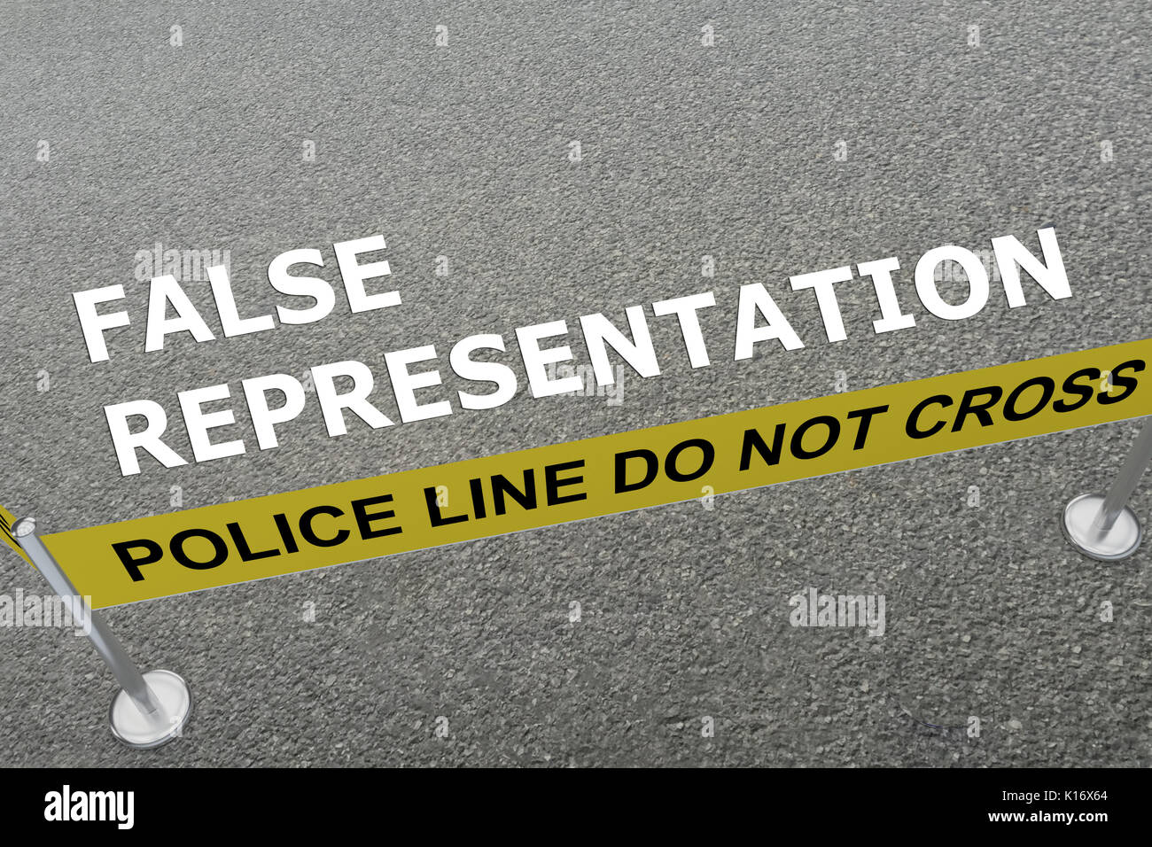 3D illustration of "FALSE REPRESENTATION" title on the ground in a ...