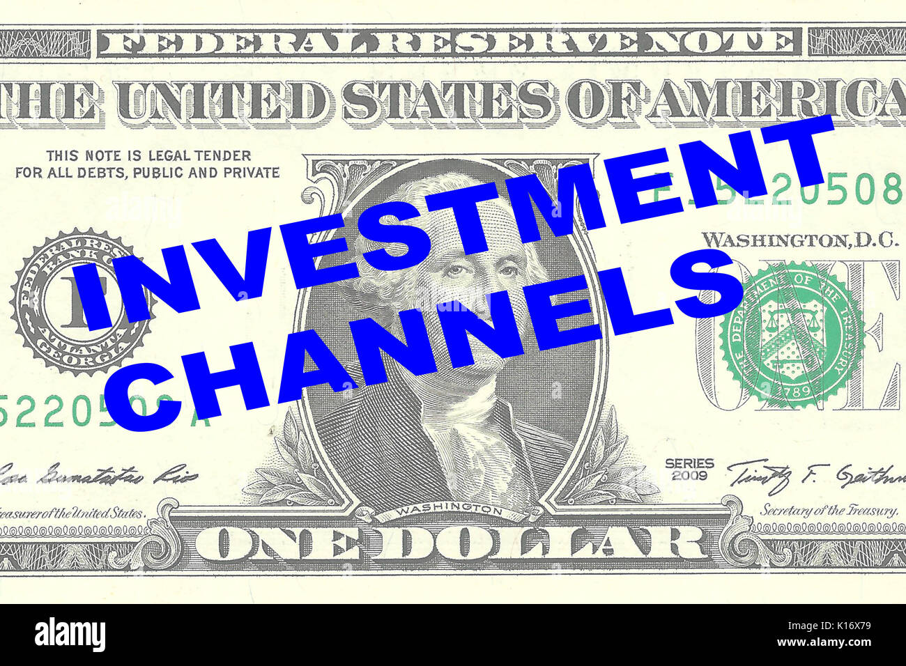 Render illustration of "INVESTMENT CHANNELS" title on One Dollar bill ...