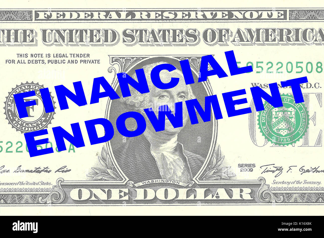 Render illustration of "FINANCIAL ENDOWMENT" title on One Dollar bill ...