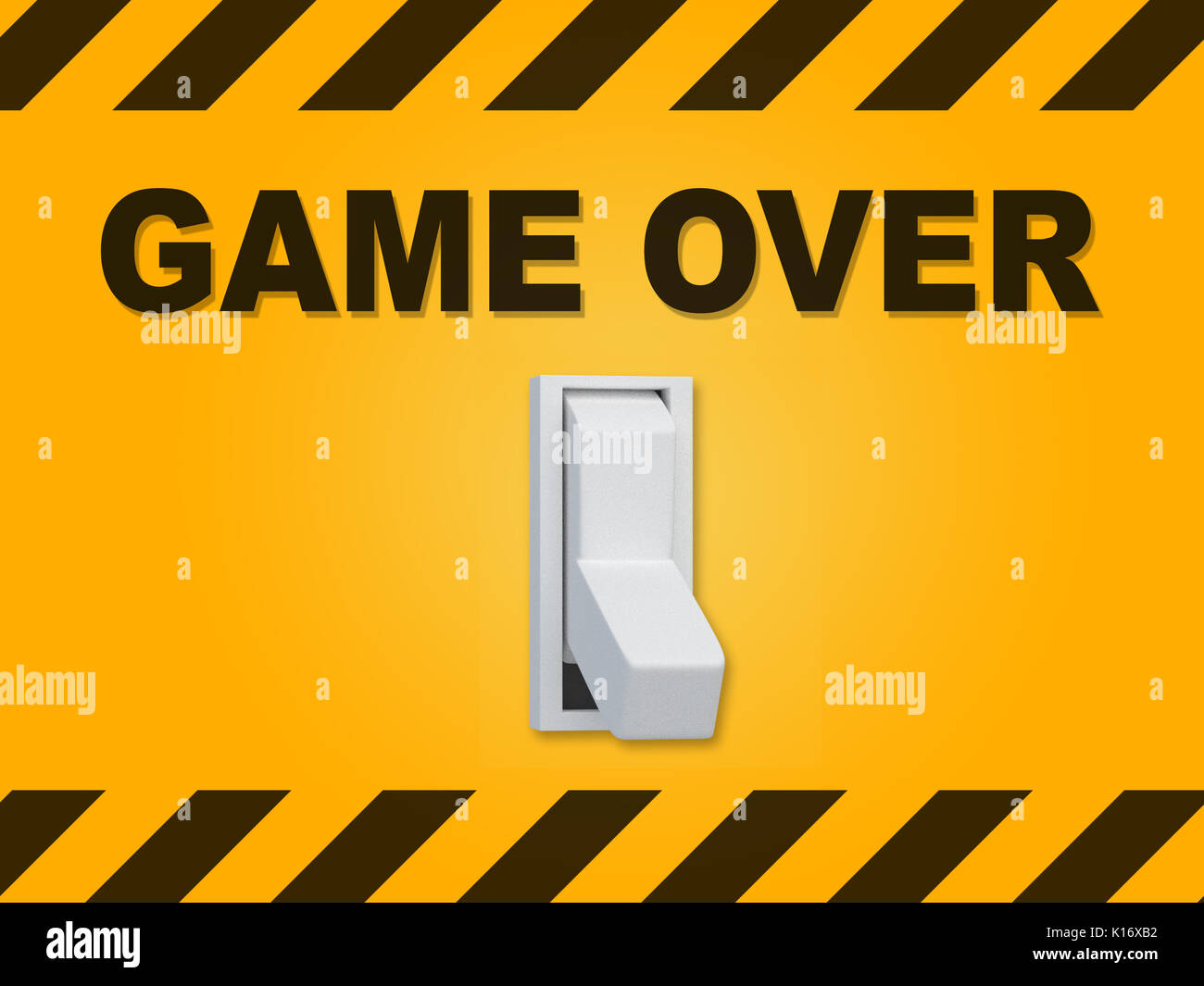 3D illustration of "GAME OVER" title above an electric switch on yellow ...