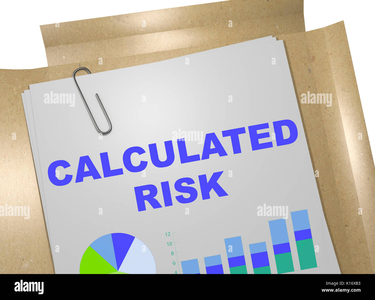 3D illustration of "CALCULATED RISK" title on business document Stock ...