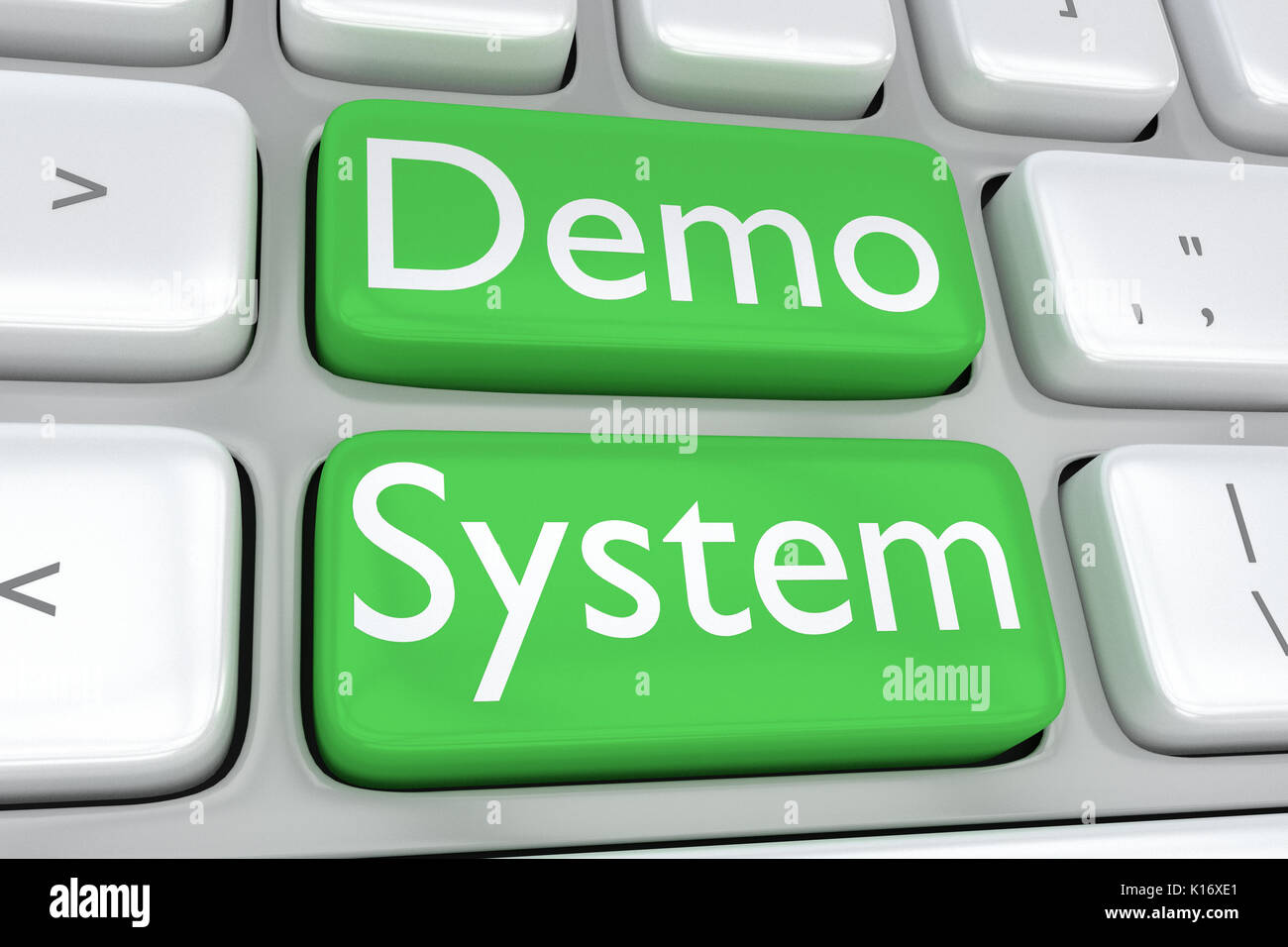 3D illustration of computer keyboard with the print "Demo System" on ...