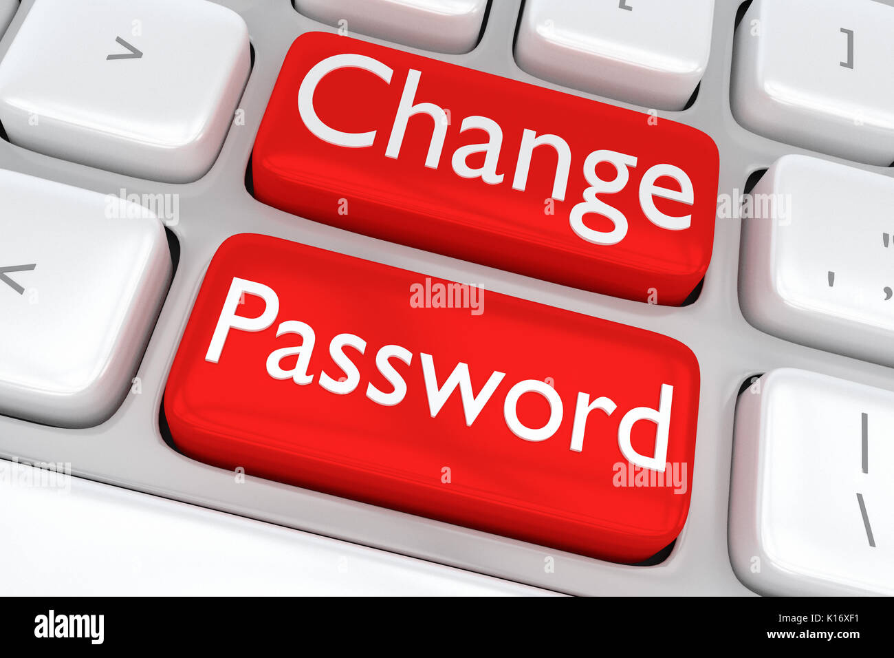 3D illustration of computer keyboard with the print "Change Password" on two adjacent red ...