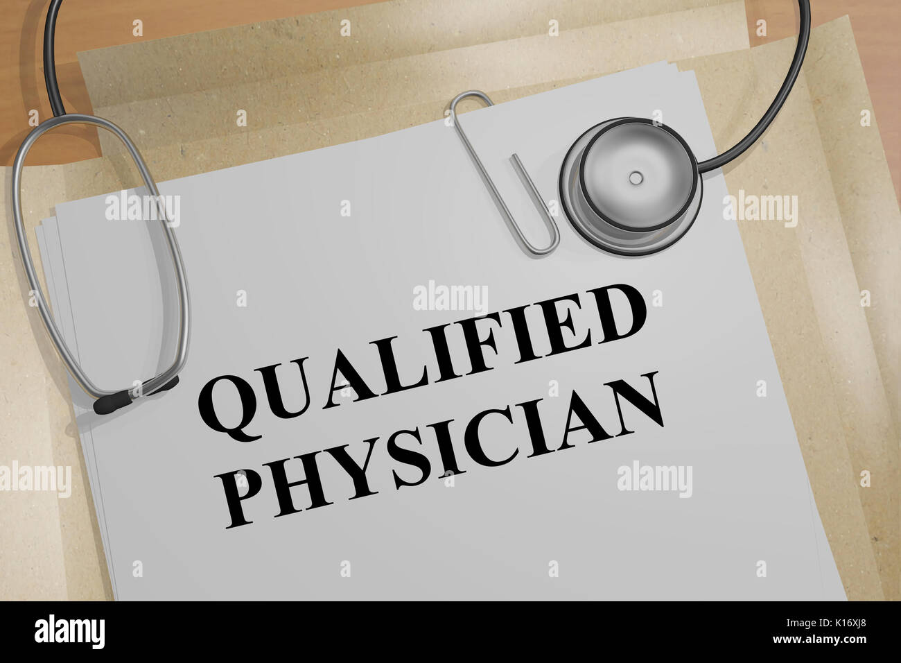 3D illustration of "QUALIFIED PHYSICIAN" title on a medical document ...