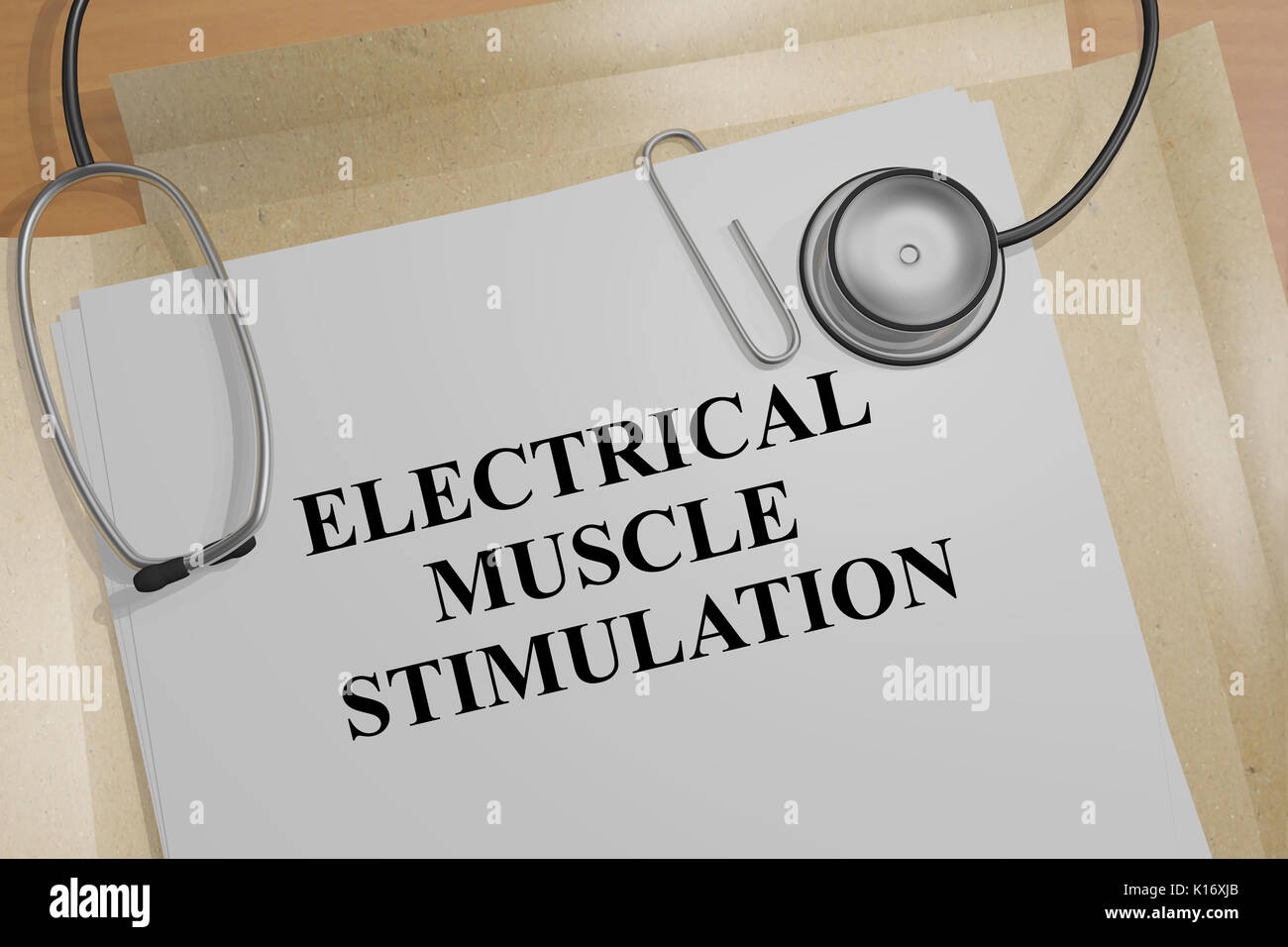 3D illustration of "ELECTRICAL MUSCLE STIMULATION" title on a medical ...
