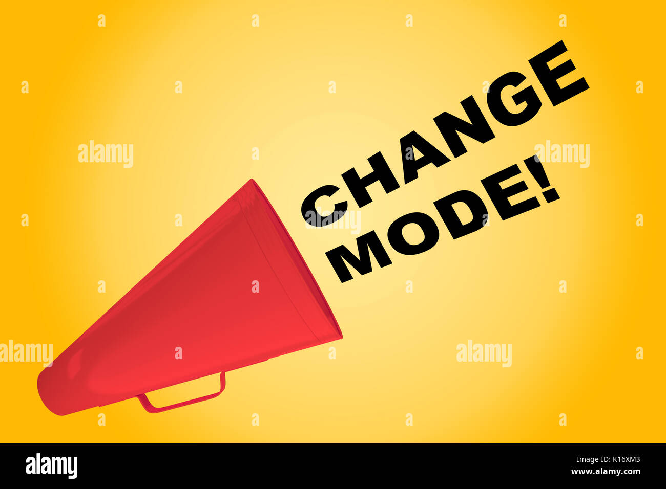 3D illustration of "CHANGE MODE!" title flowing from a loudspeaker ...
