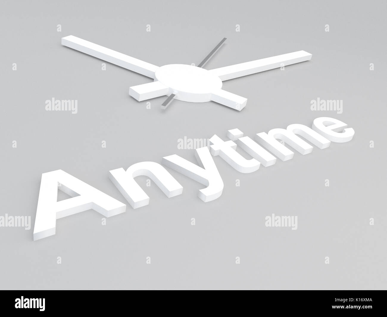 3D illustration of "Anytime" title with a clock as a background Stock ...
